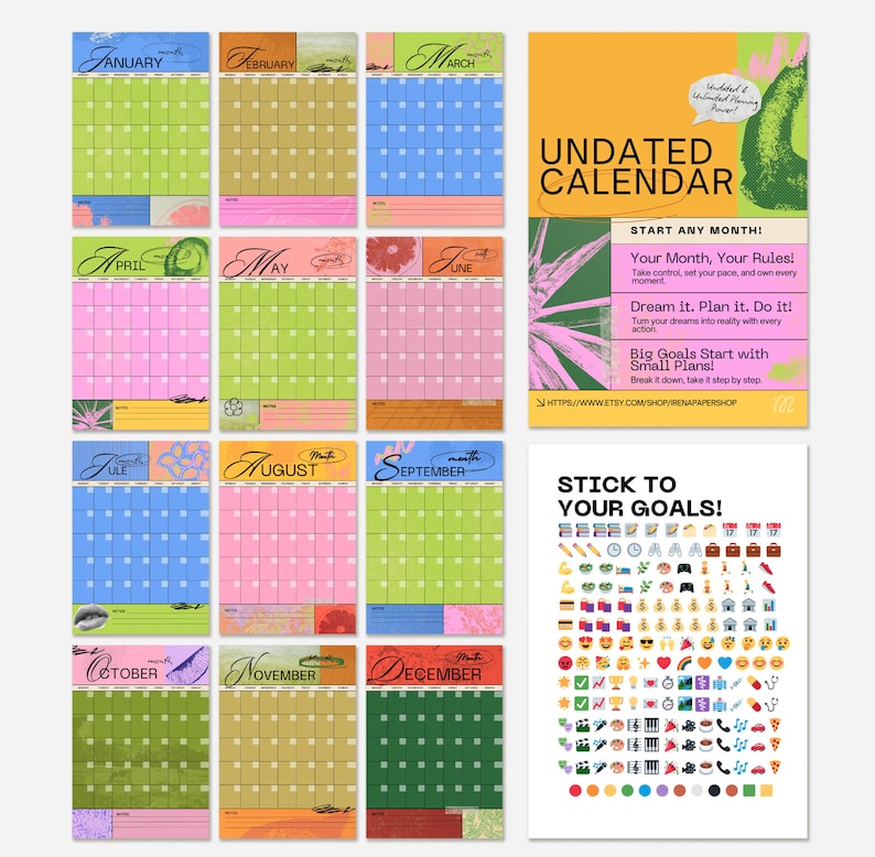 Undated Wall Calendar With Stickers Plan Your Goals in Style Start Any ...