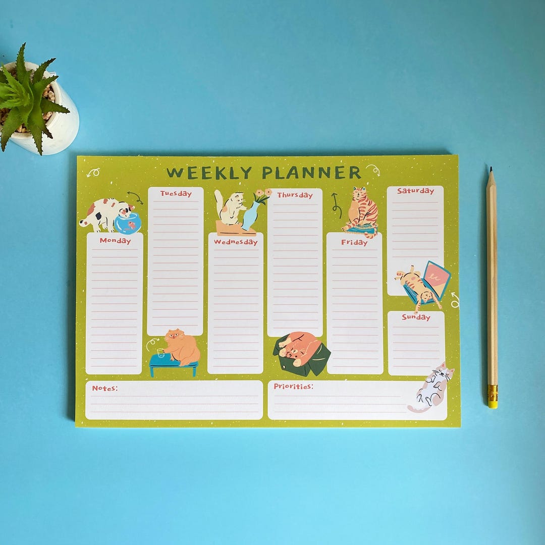 Weekly Planner With Cute Cat Illustrations – Fun A4 Desk Pad for Kids ...