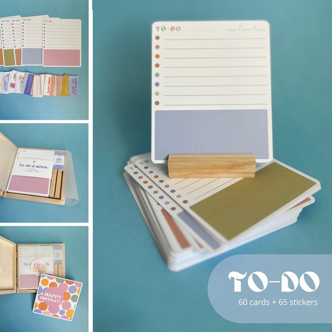 Handmade To-do List & Note Cards in Wooden Box. Motivation Stickers and ...