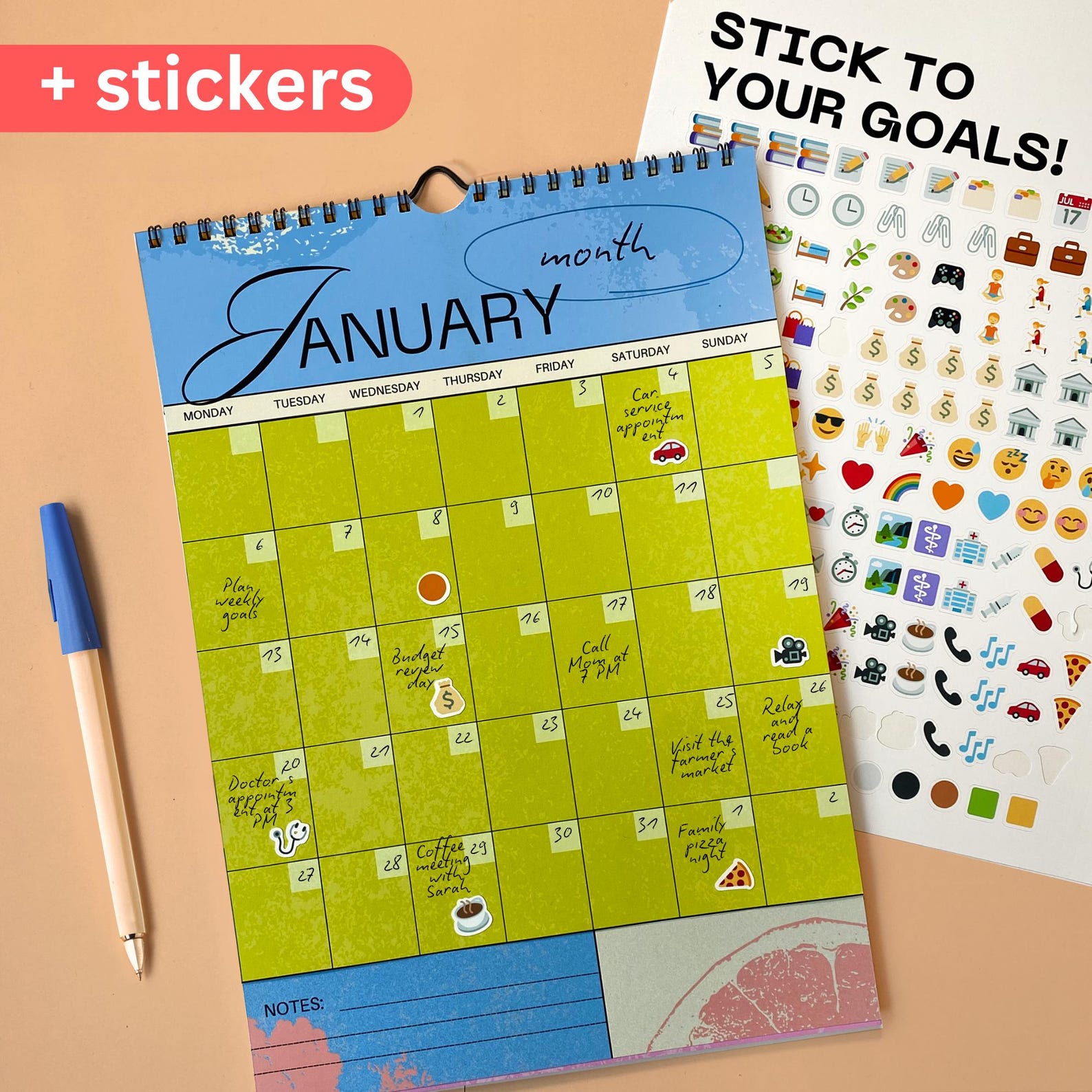 Undated Wall Calendar With Stickers Plan Your Goals in Style Start Any ...