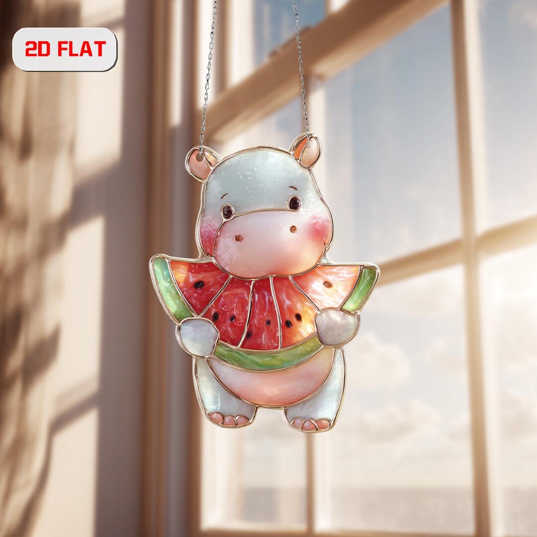 Cute Hippo Window Hanging Watermelon Art, Kawaii Animal Decor for ...