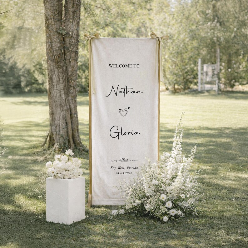 Personalized Linen Wedding Welcome Banner, Custom Names Location Date ...