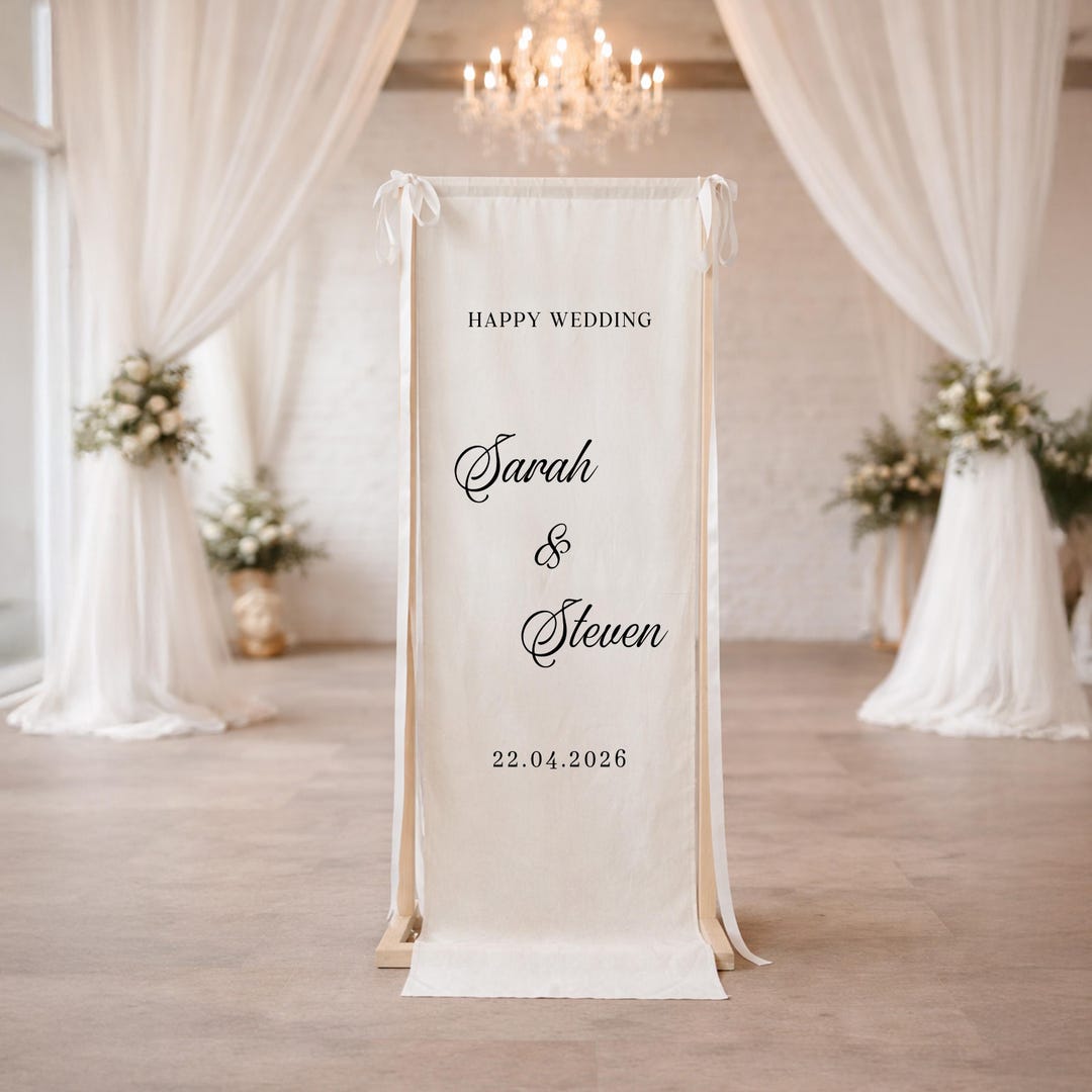 Personalized Happy Wedding Linen Banner, Custom Names Wedding Sign ...