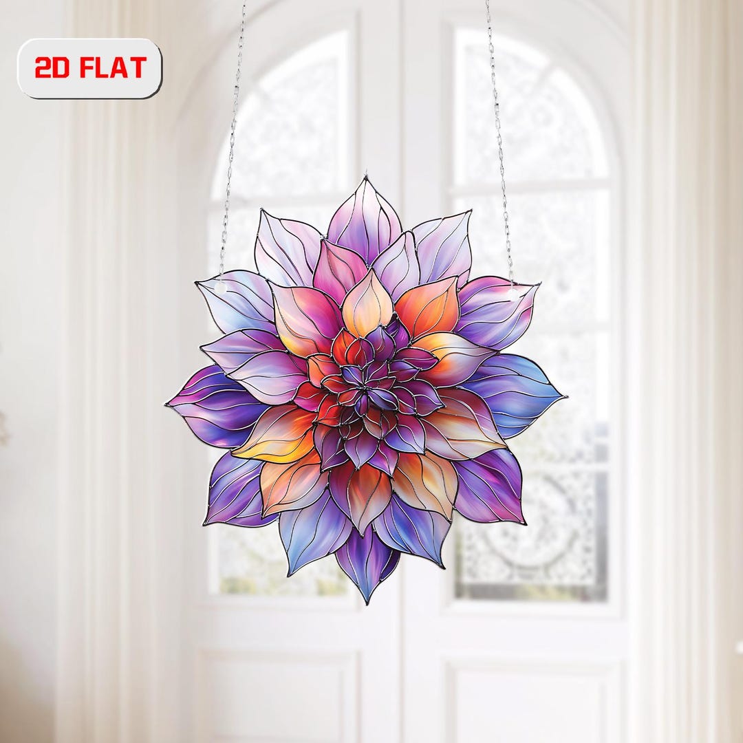 Colorful Dahlia Flower Window Hanging Stained Art, Rainbow Floral Sun ...