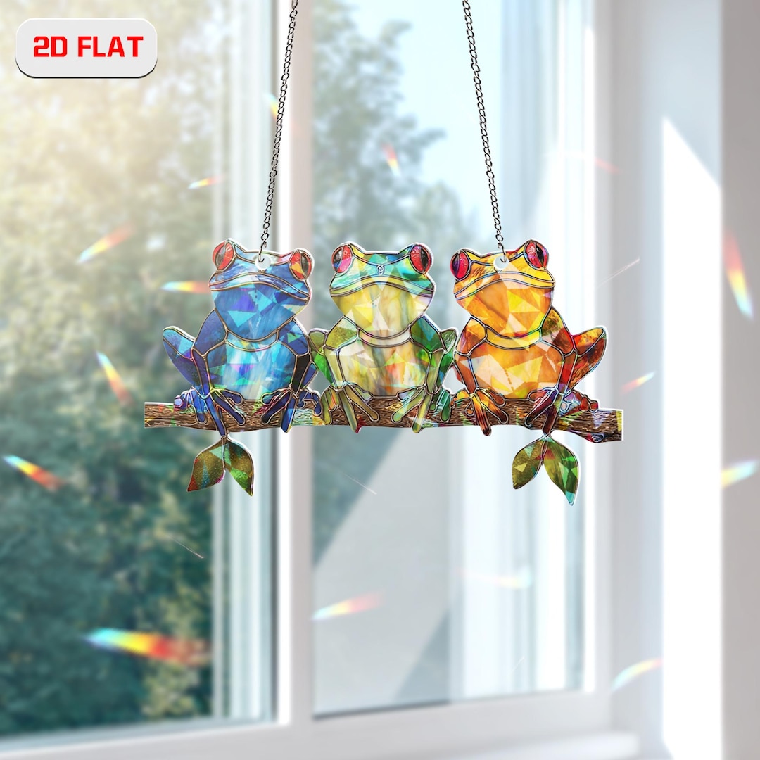 Hologram Window Hanging Three Frogs Art, Cute Rainbow Light Catching ...