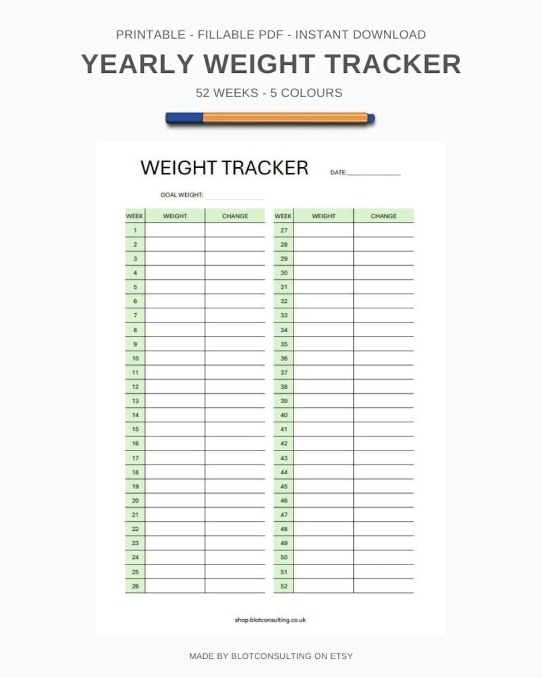 Yearly Weight Tracker, Weight Control, Weight Diary, Weight Tracker ...