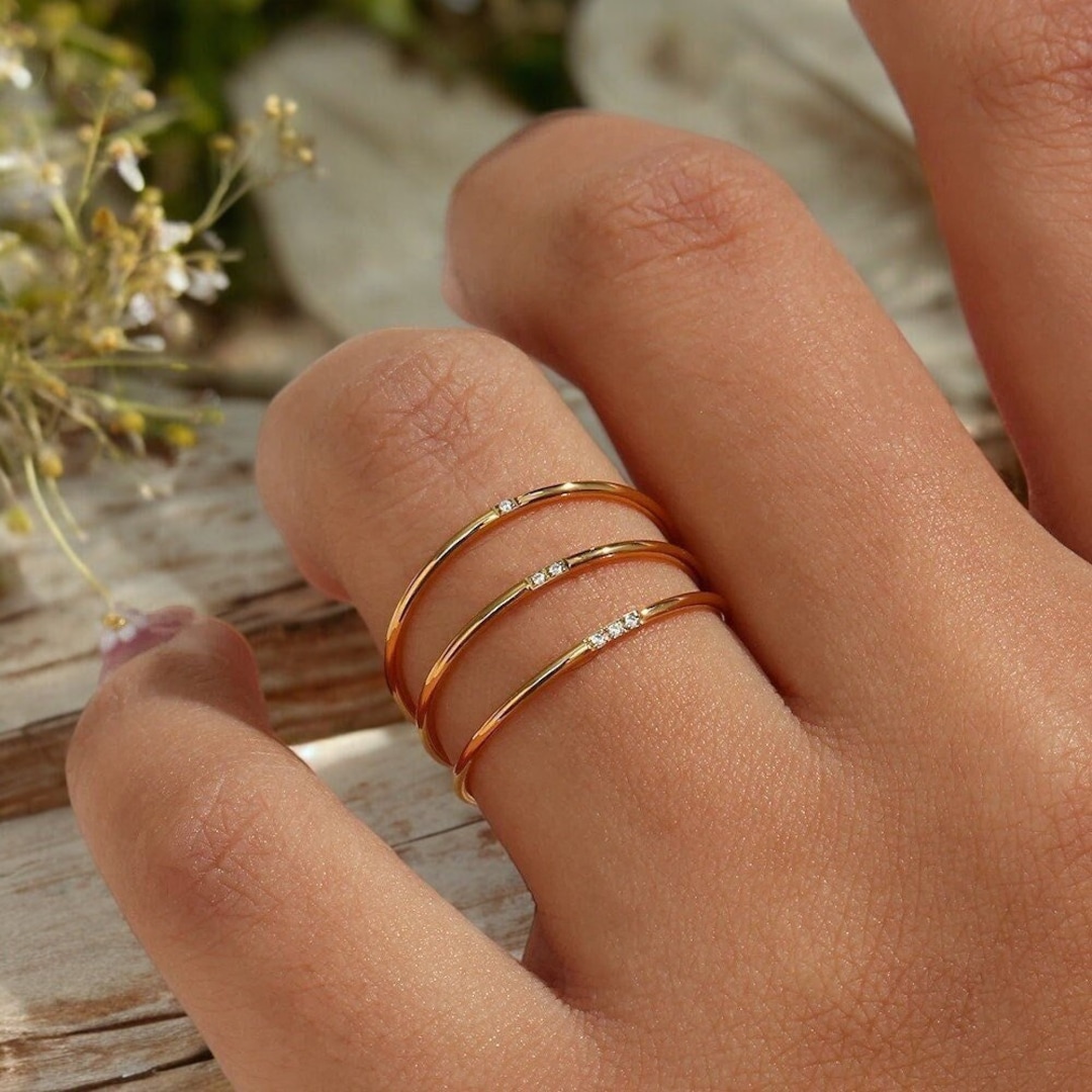 18K Gold Thin Ring Set, Gold Stacking Rings Set, Stackable Rings for Women, Gold Skinny Rings ...