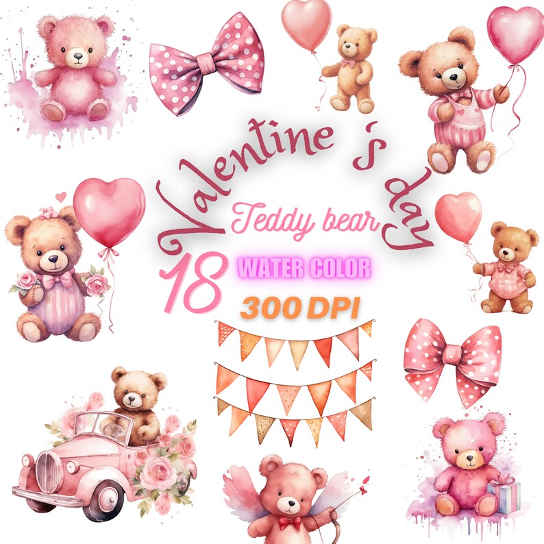 Valentine Watercolor Bear Clipart, Set of 18 Free3 ,love Digital Art ...