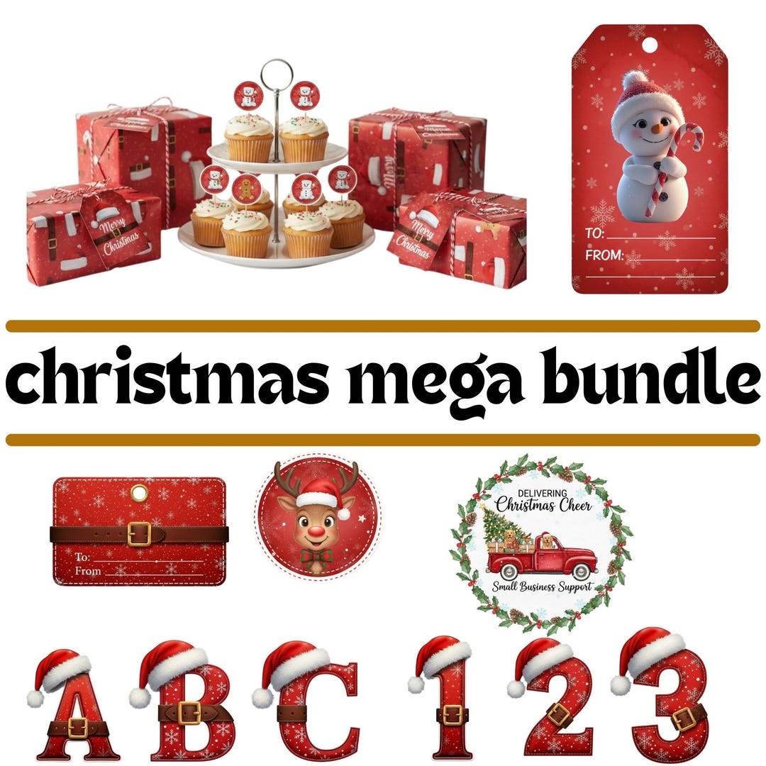 Christmas Mega Bundle, Printable Gift Tags, Cake Toppers, T-shirt ...