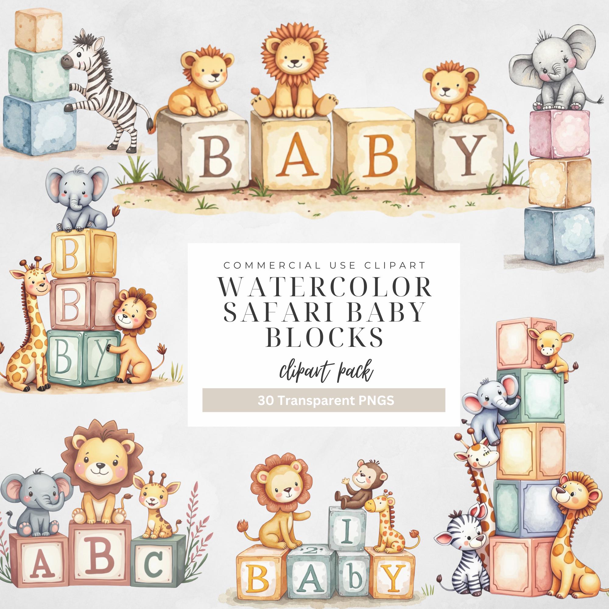 Watercolor Baby Blocks Clipart Safari Animals, Nursery Decor, Baby ...