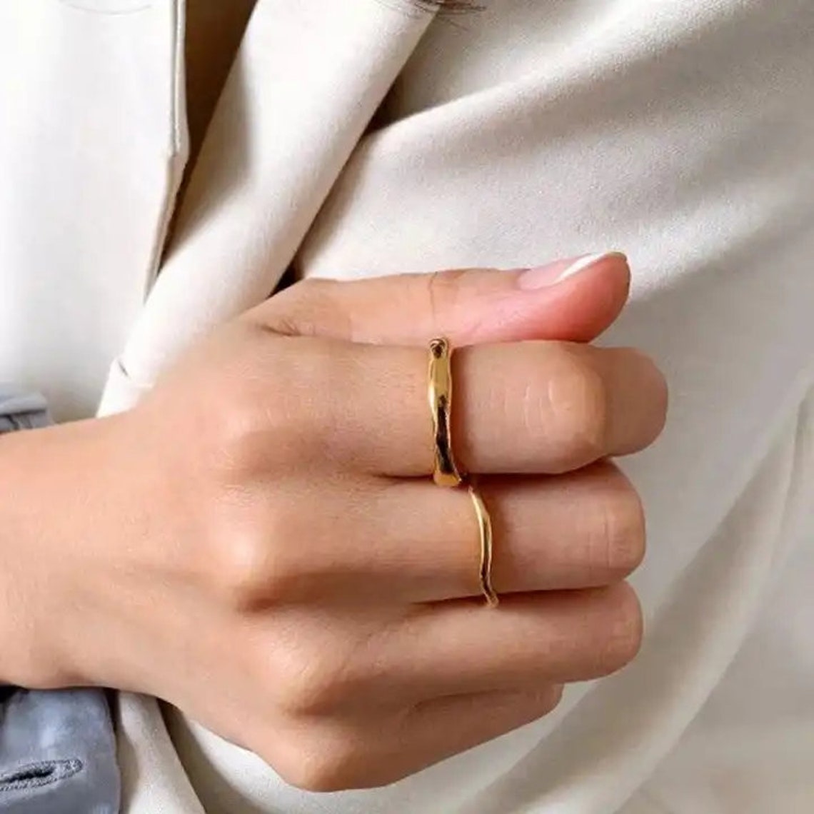 Minimalist Wave Band Set - 18k Gold Plated, Irregular Gold Ring ...