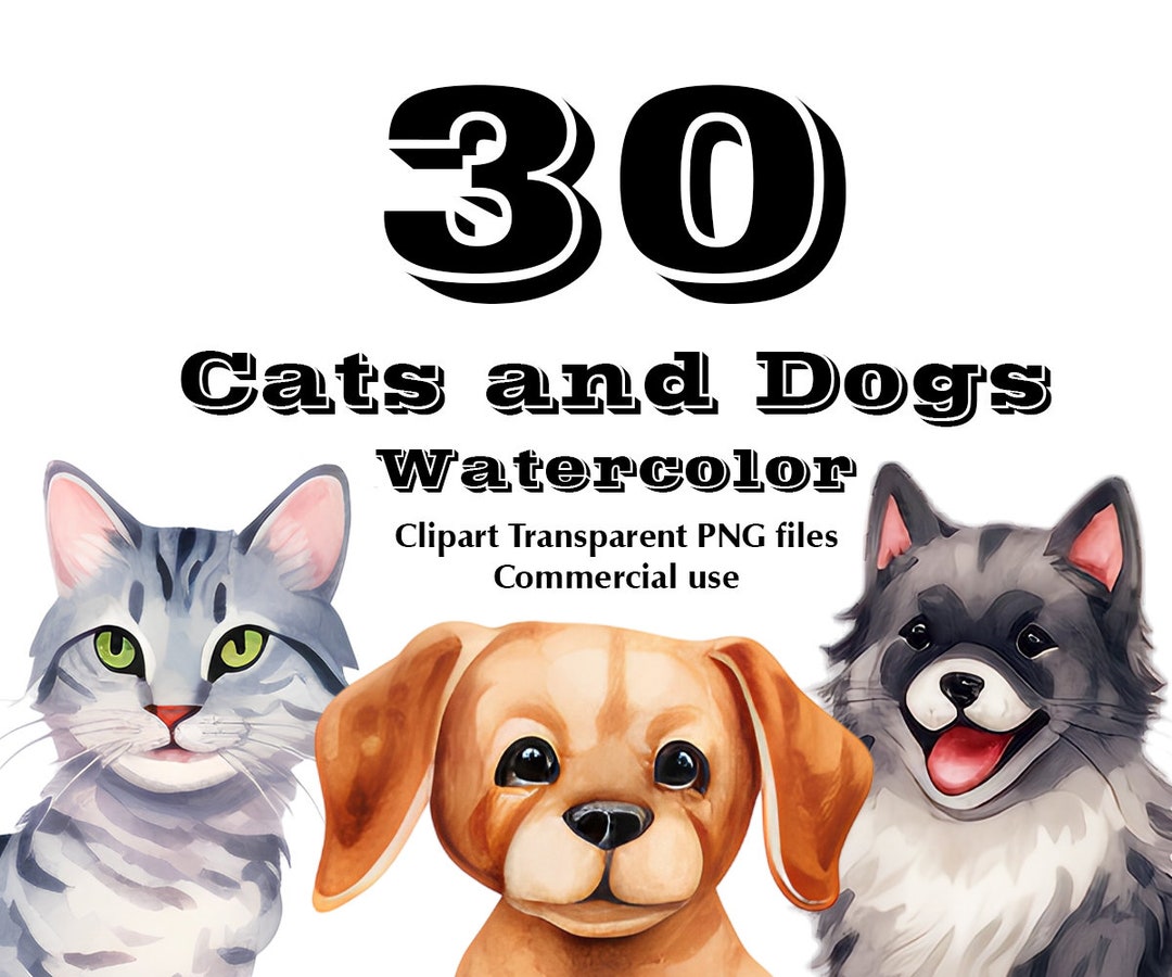 Cats and Dogs Watercolor Clipart Pack of 30 - Etsy