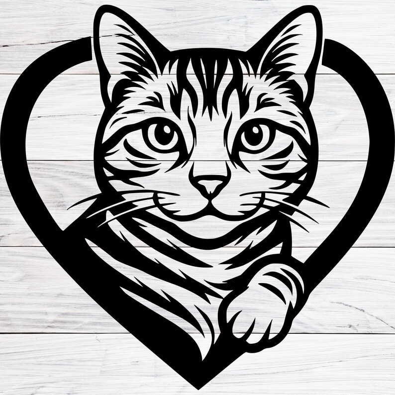 Tabby Cat Peeking, Tabby Cat With Heart, Cute Cat Design, Digital Print ...