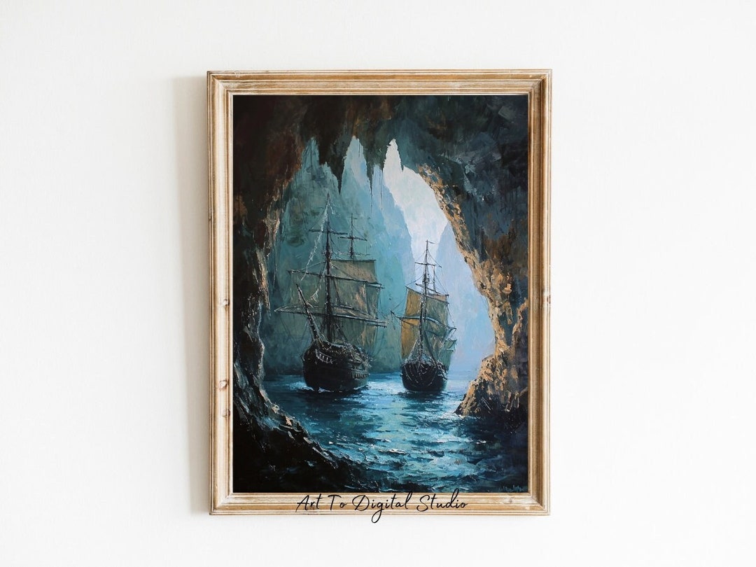 Printable Oil Painting Vintage Ships at Cave, Ship Wall Art, Ship Decor ...