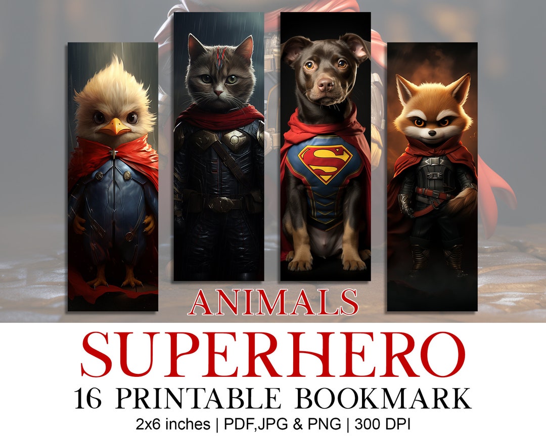 Cute Superhero Animals Printable Bookmark Designs, Aesthetic Template ...