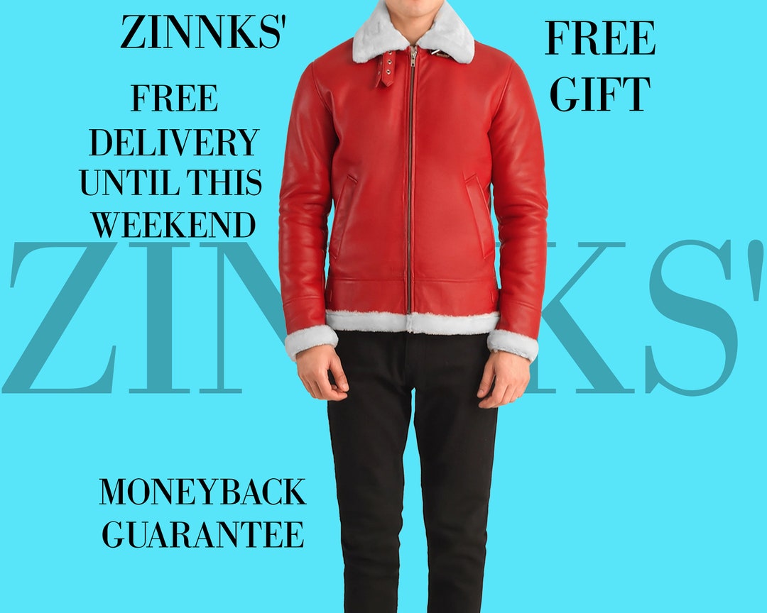 Men Red Faux Leather Shearling Jacket Flight Jacket Men Aviator Jacket ...