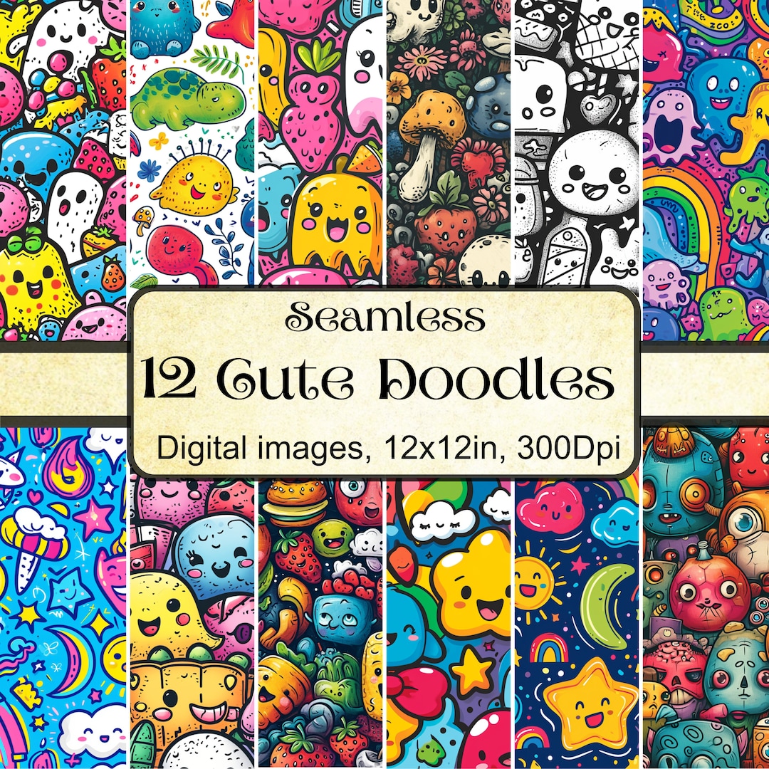 12 Seamless Cute Doodles - Colorful - Background - Digital Paper Pack ...