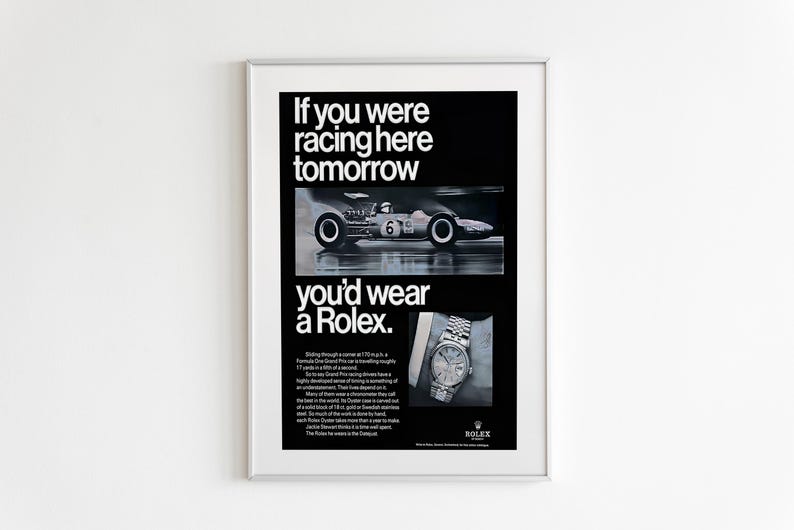 Vintage Rolex Formula 1 Racing Advertisement Poster, Retro Watch Print ...