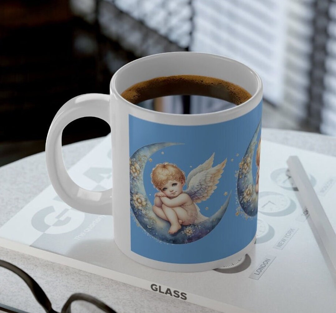 Jumbo Large Baby Angel Cherub on Moon Blue Coffee Mug, 20oz Beautiful ...