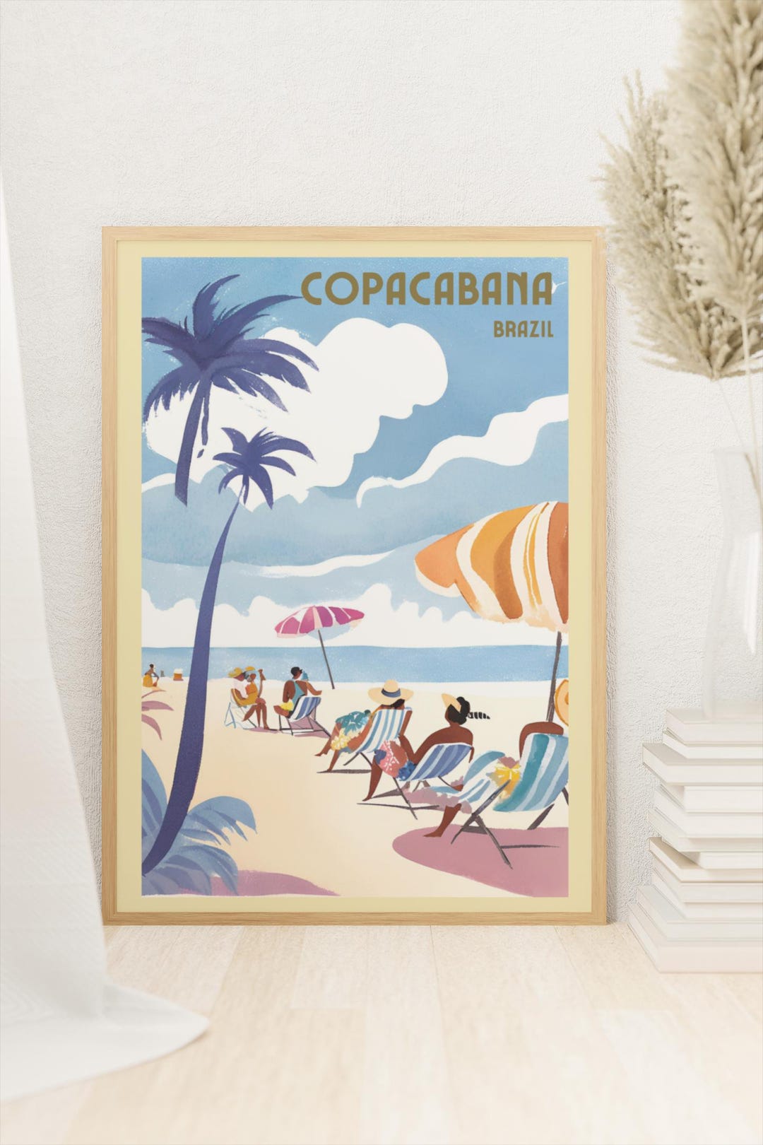 Copacabana Beach Poster - Colorful Travel Art - People on Deck Chairs ...