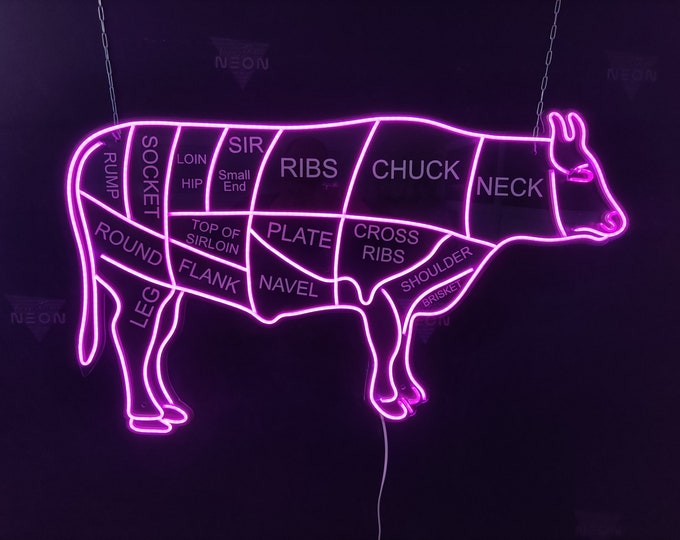 Cow Butcher Diagram Cuts of Beef Meat Metal Sign Led Light, Chef Gift ...