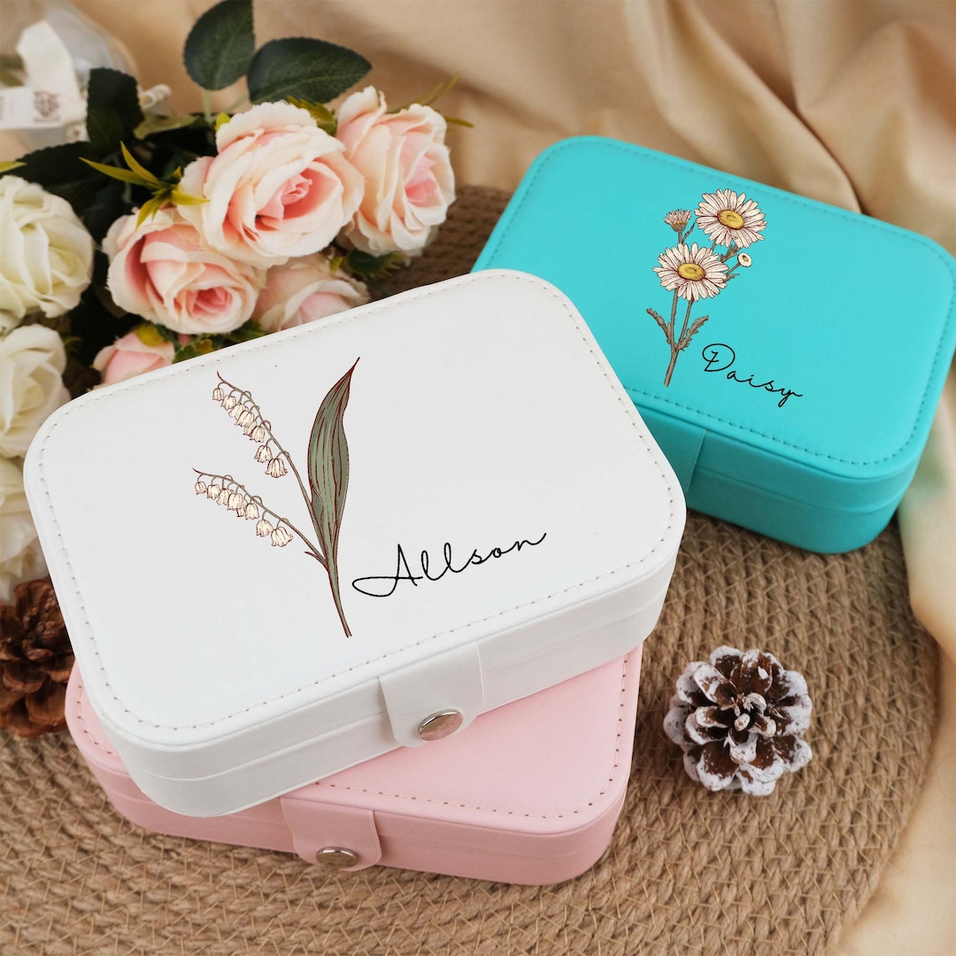 Personalised Birth Flower Jewellery Box,leather Jewellery Travel Box ...