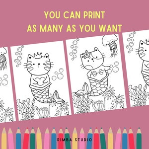 Cute Cat Kitty Mermaid Coloring Pages for Kids Girl, Printable Coloring ...