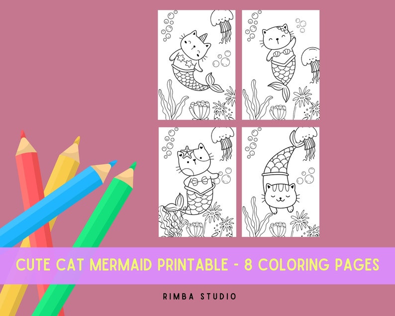 Cute Cat Kitty Mermaid Coloring Pages for Kids Girl, Printable Coloring ...