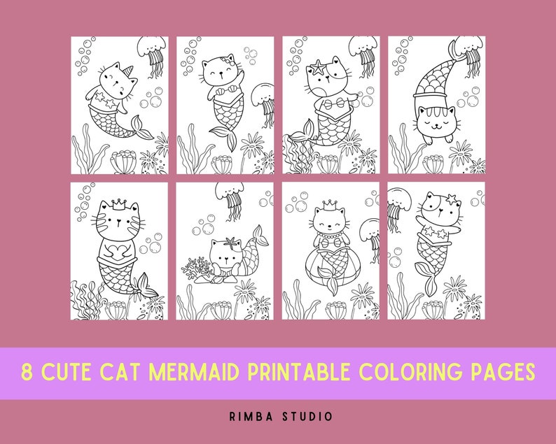 Cute Cat Kitty Mermaid Coloring Pages for Kids Girl, Printable Coloring ...