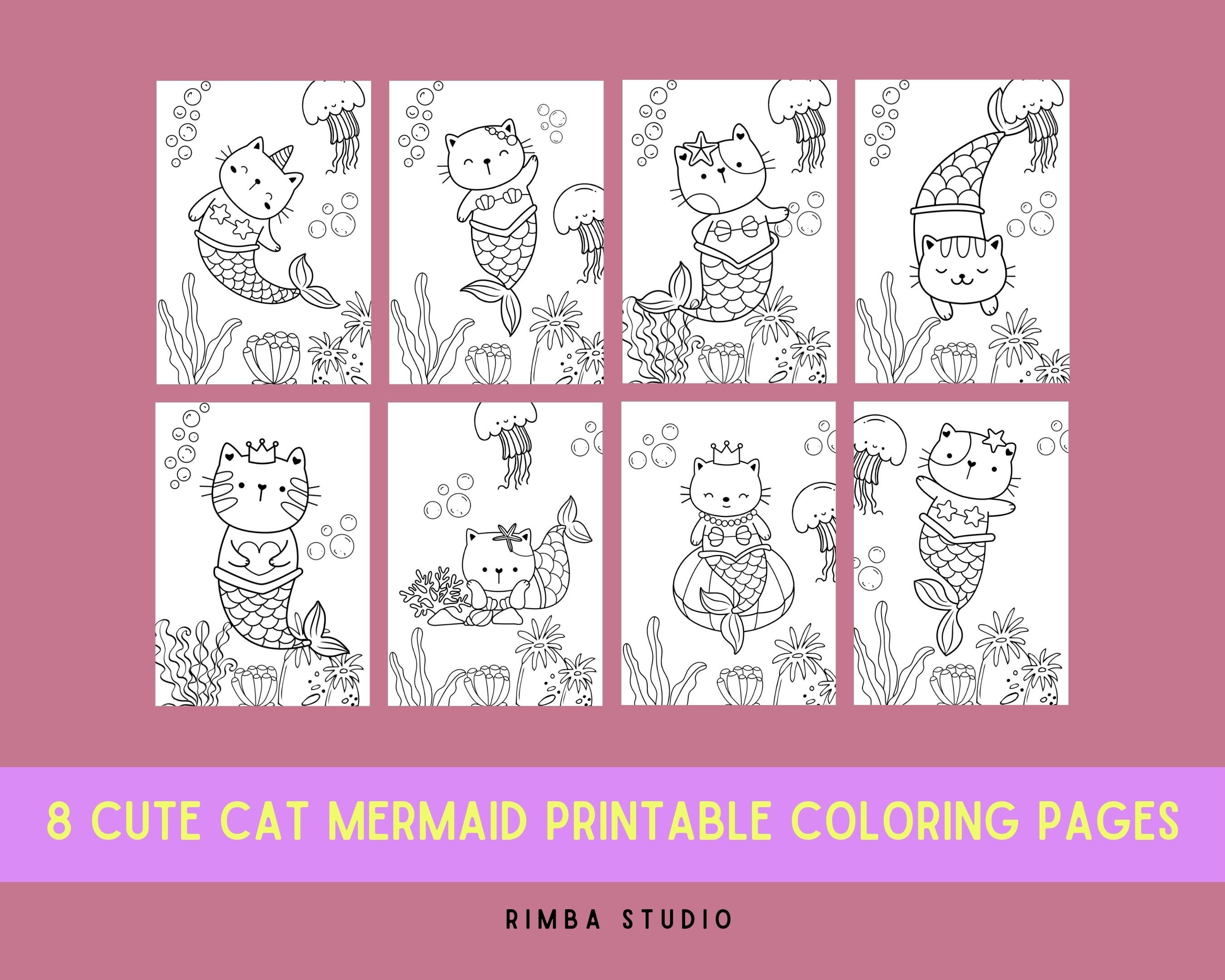 Cute Cat Kitty Mermaid Coloring Pages for Kids Girl, Printable Coloring ...