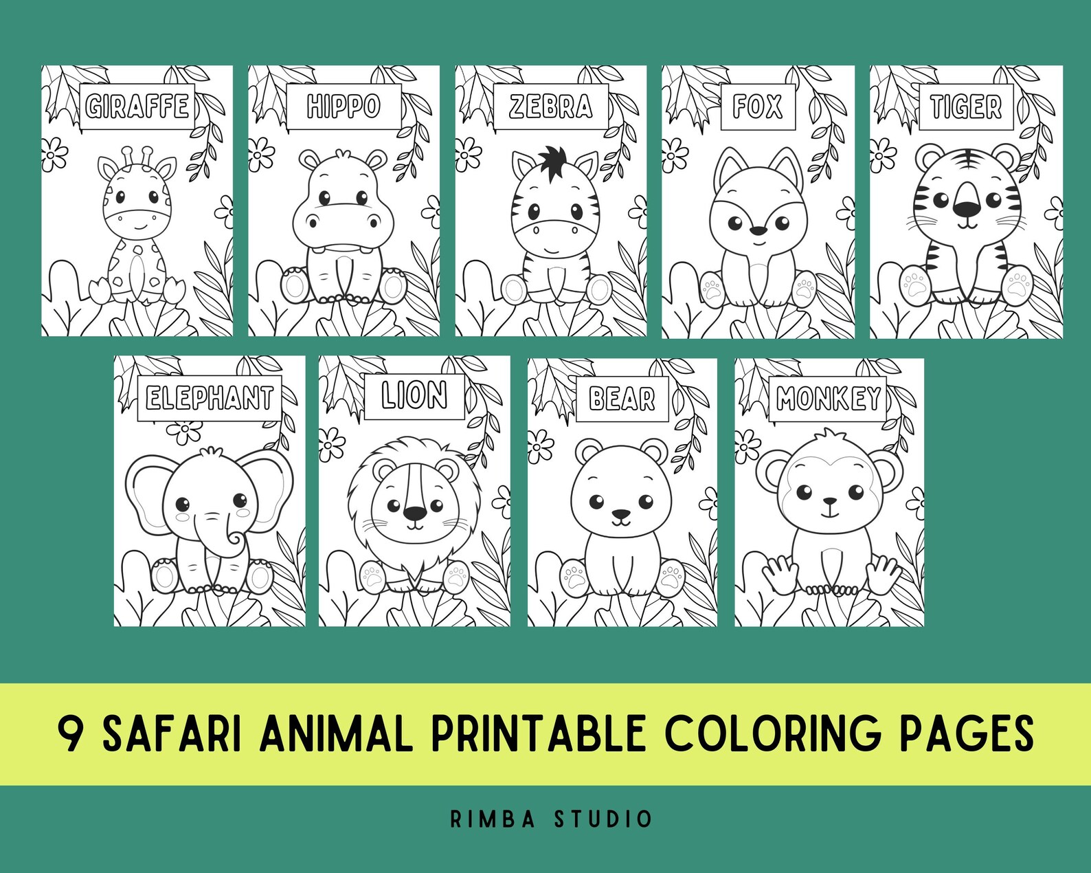 Safari Animal Coloring Pages for Kids, Printable Coloring Worksheet for ...