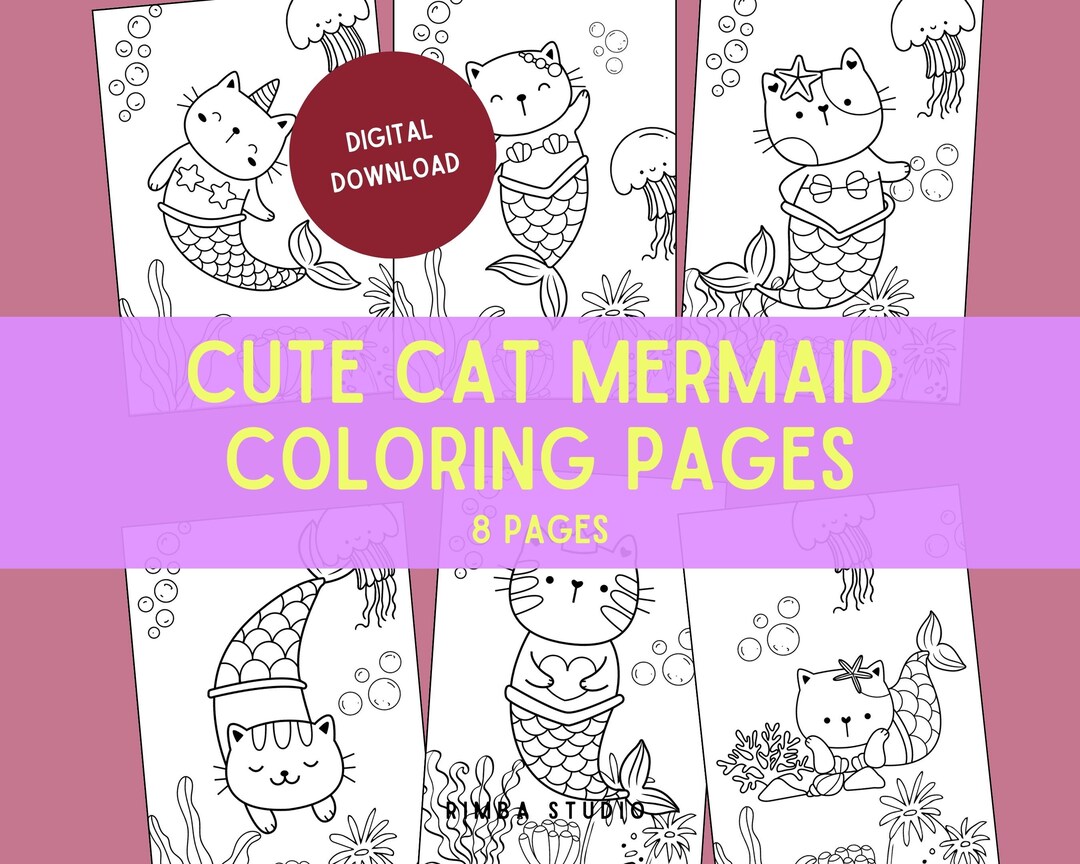 Cute Cat Kitty Mermaid Coloring Pages for Kids Girl, Printable Coloring ...