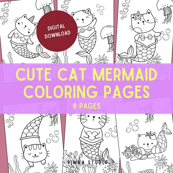 Mermaid Kitty Coloring Pages - Etsy
