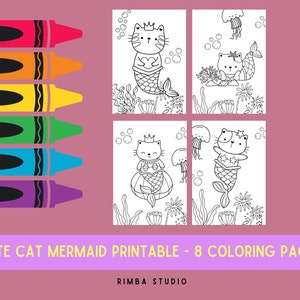 Cute Cat Kitty Mermaid Coloring Pages for Kids Girl, Printable Coloring ...