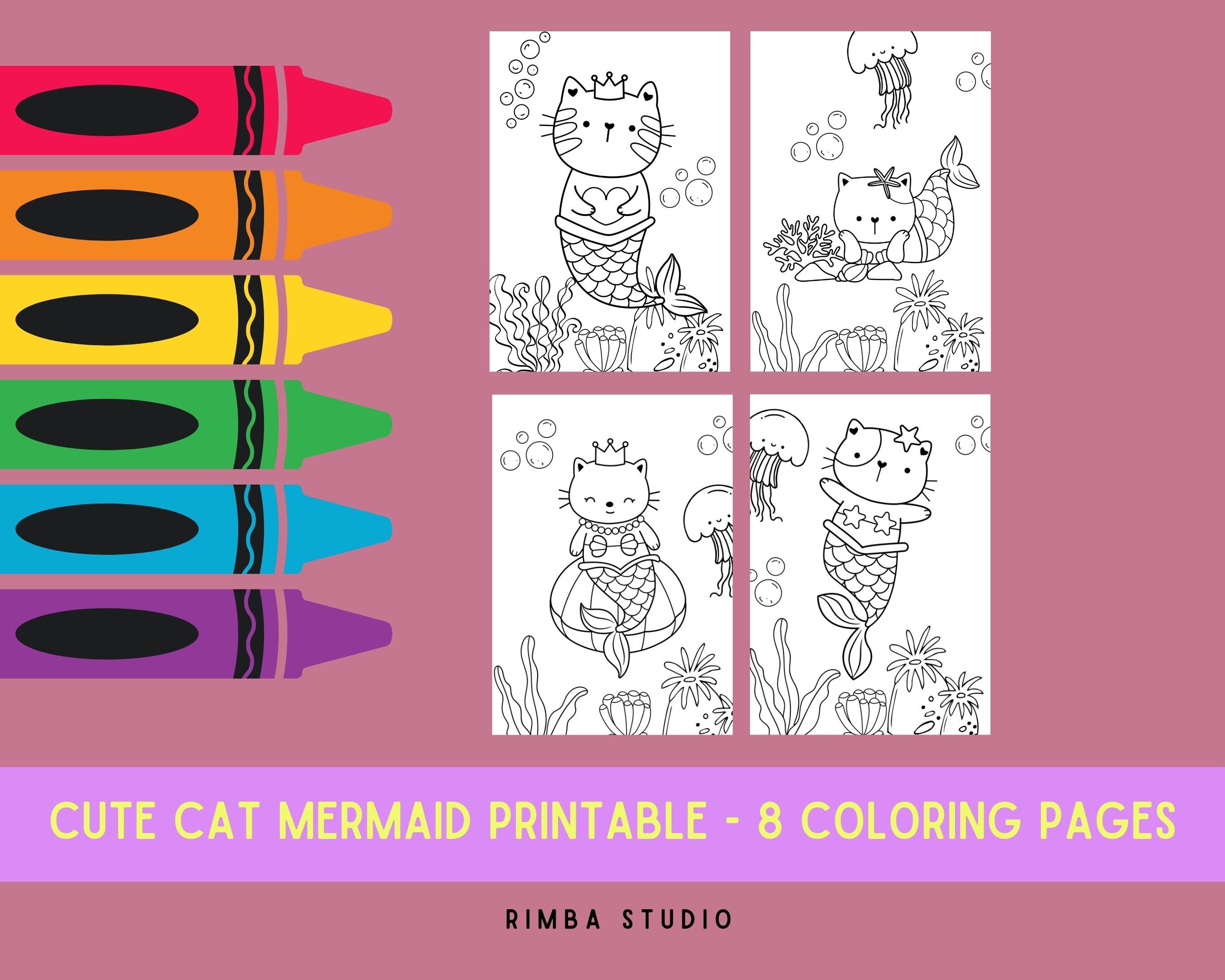 Cute Cat Kitty Mermaid Coloring Pages for Kids Girl, Printable Coloring ...