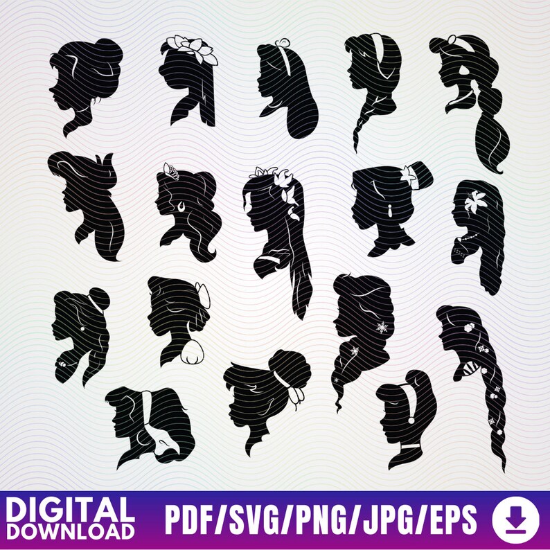 Princess Digital File, All Princess Bundle, Black and White, Silhouette ...