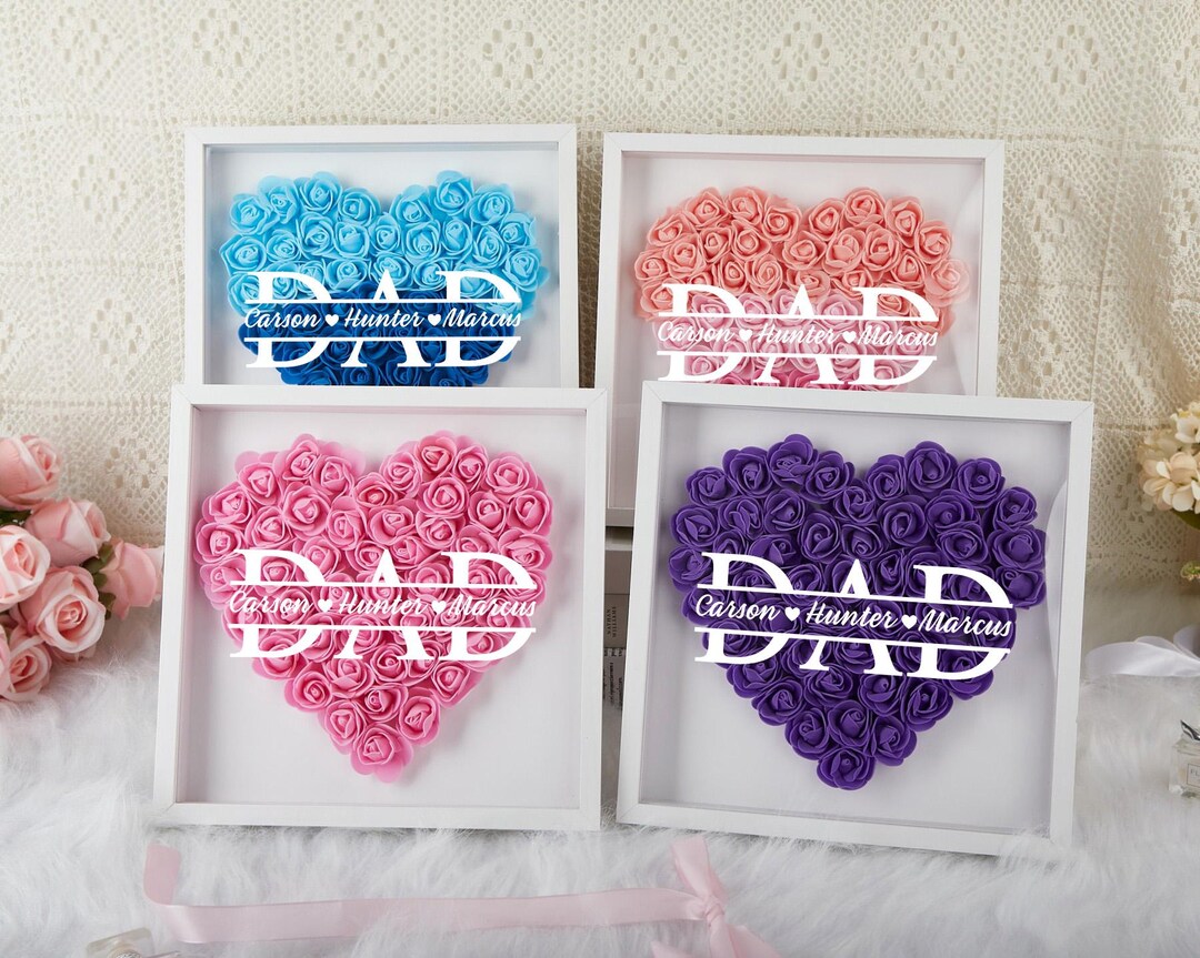 Custom Dad Heart Shaped LED Flower Shadow Box, Personalized Heart ...