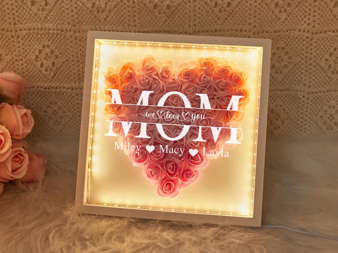 Personalized Mom Flower Shadow Box With Kids Name,custom Heart Rose ...