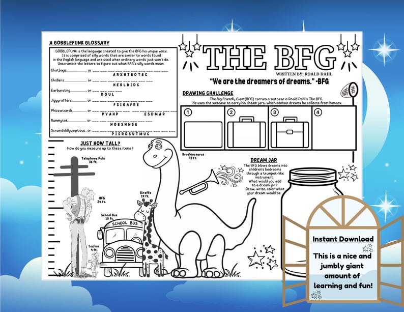 BFG Big Friendly Giant Activity Sheet | Printable | Instant Download - Etsy