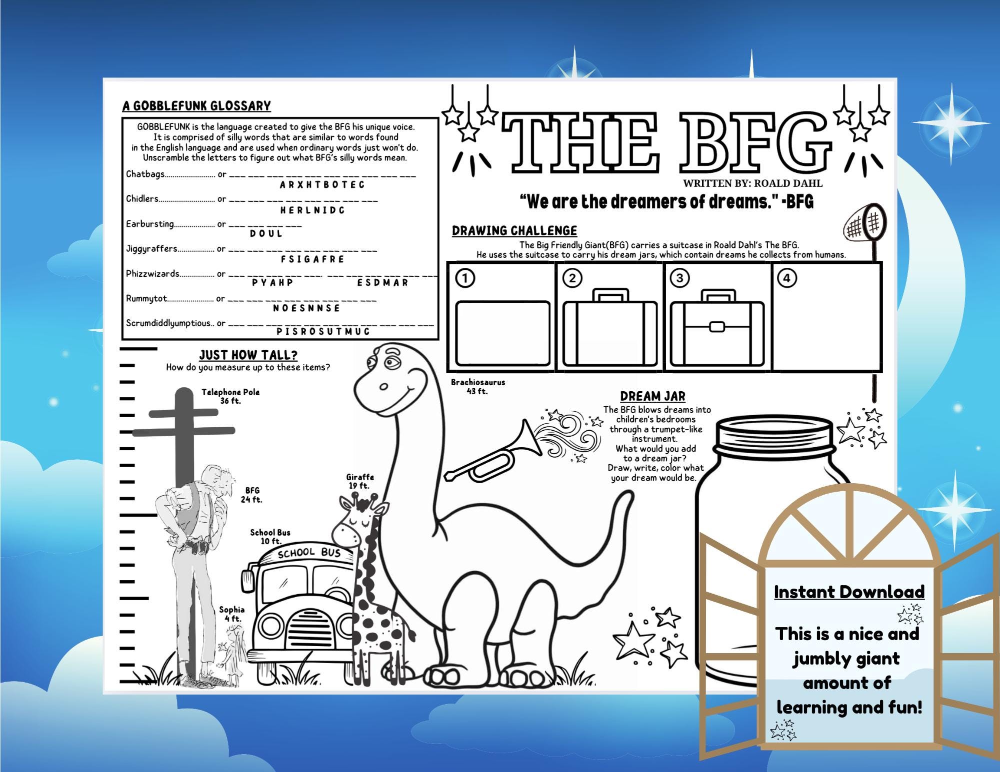 BFG Big Friendly Giant Activity Sheet | Printable | Instant Download - Etsy