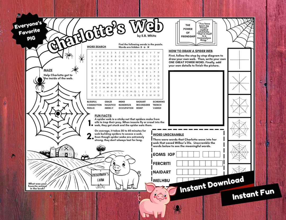 Charlotte's Web Book Activity Sheet | Printable | Instant Download - Etsy