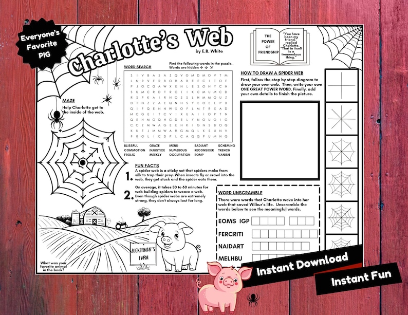Charlotte's Web Book Activity Sheet | Printable | Instant Download - Etsy