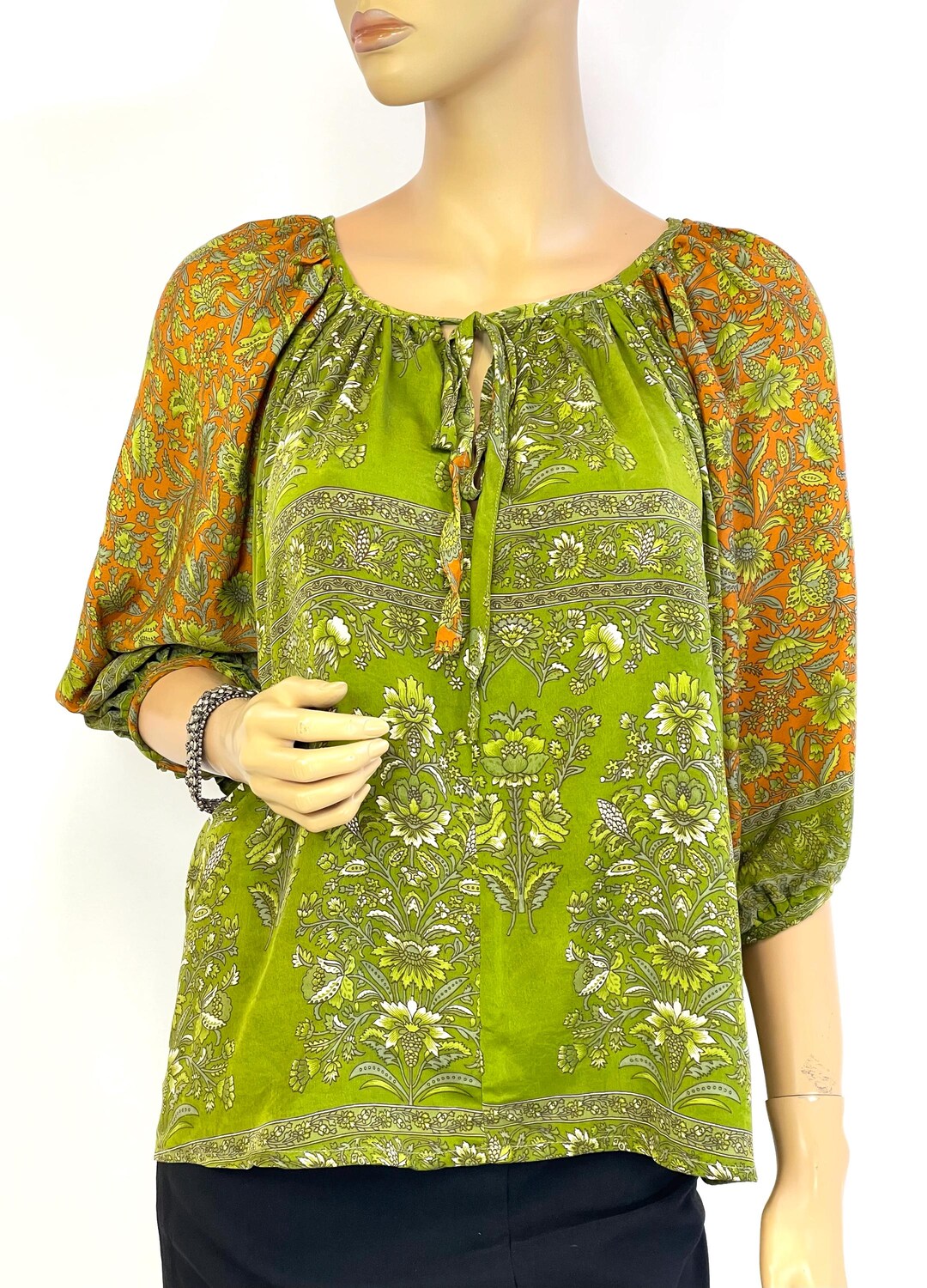 Pure Silk Sari TOP, Silk Tunic, Vintage Sari Top, Green Silk Top, Silk ...