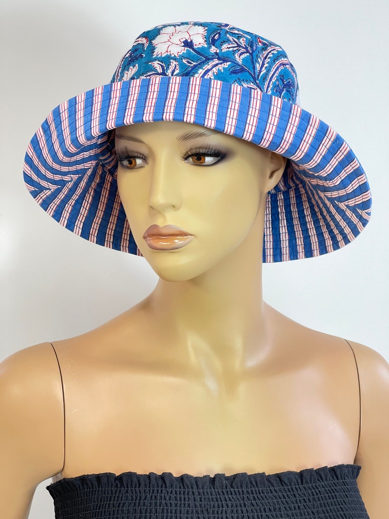 Cotton Bucket Hat, Beach Blue Hat, Travel Accessories, Block Printed ...