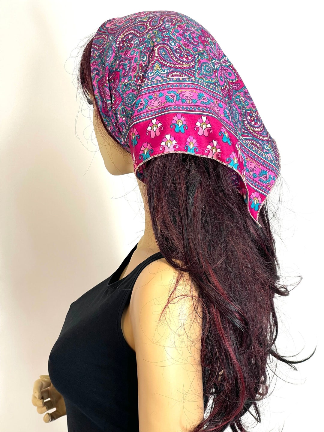 Boho Silk Hippie Bandana, Square Head Scarf, Bohemian Beach Hair Wrap ...