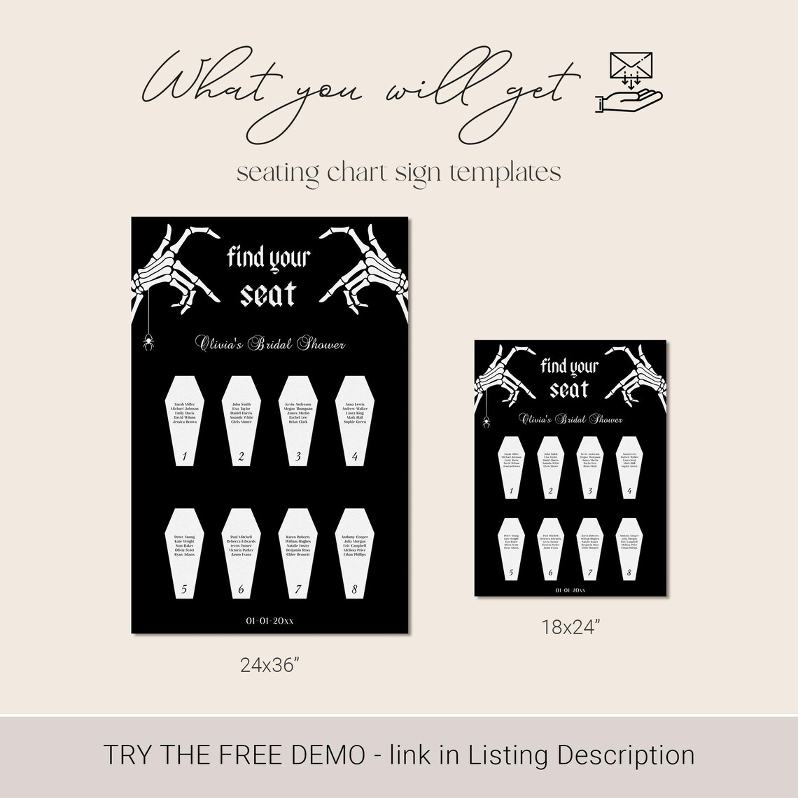 Coffin Seating Chart Template, Halloween Bridal Shower, Gothic Wedding ...