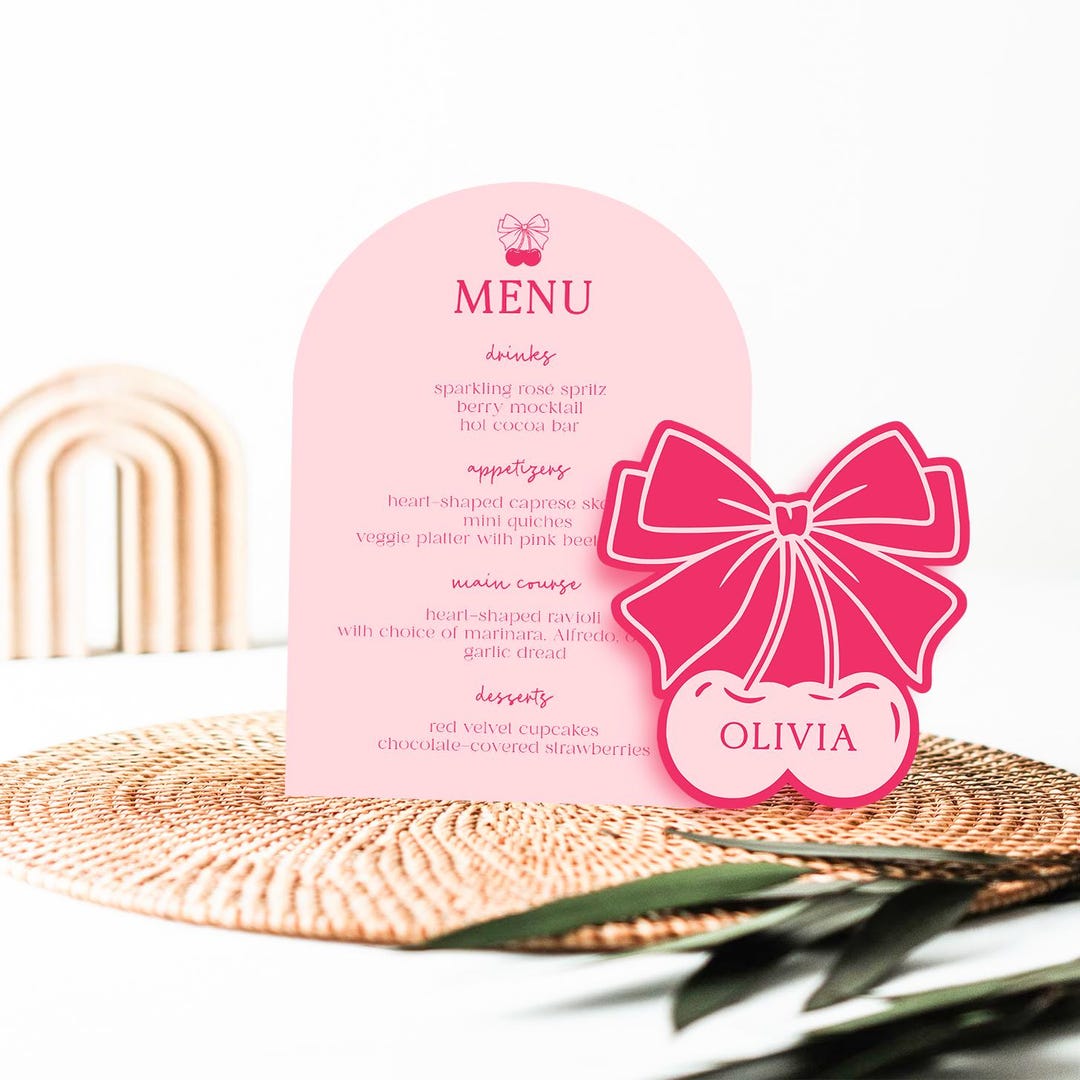 Cherry Place Card & Menu Template, Bridal Shower Name Card, Galentines ...