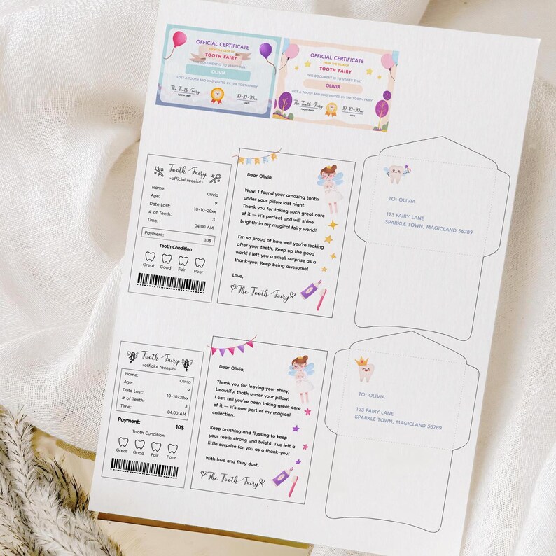 Tooth Fairy Letter Set, Printable Certificate, Envelope and Receipt ...