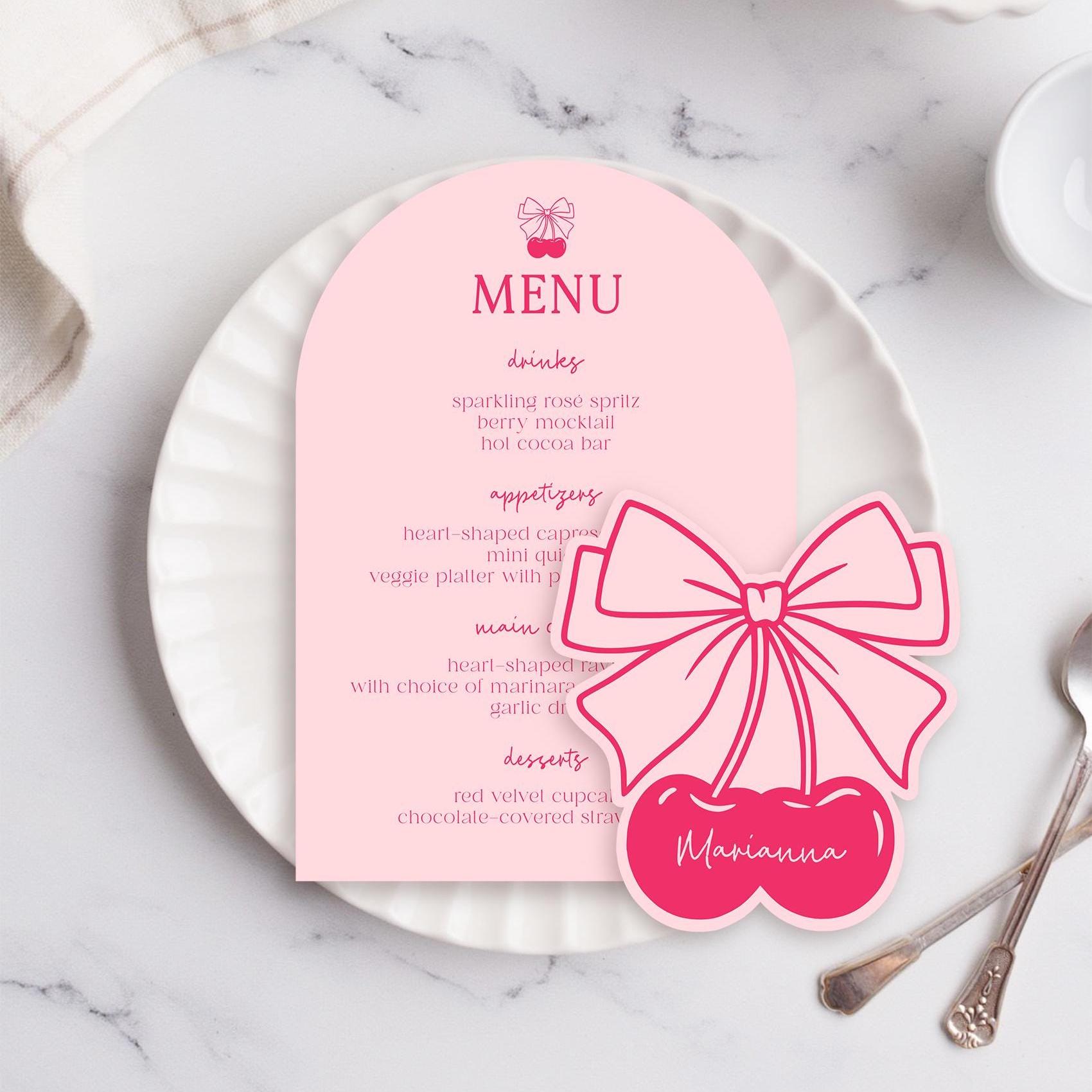 Cherry Place Card & Menu Template, Bridal Shower Name Card, Galentines ...
