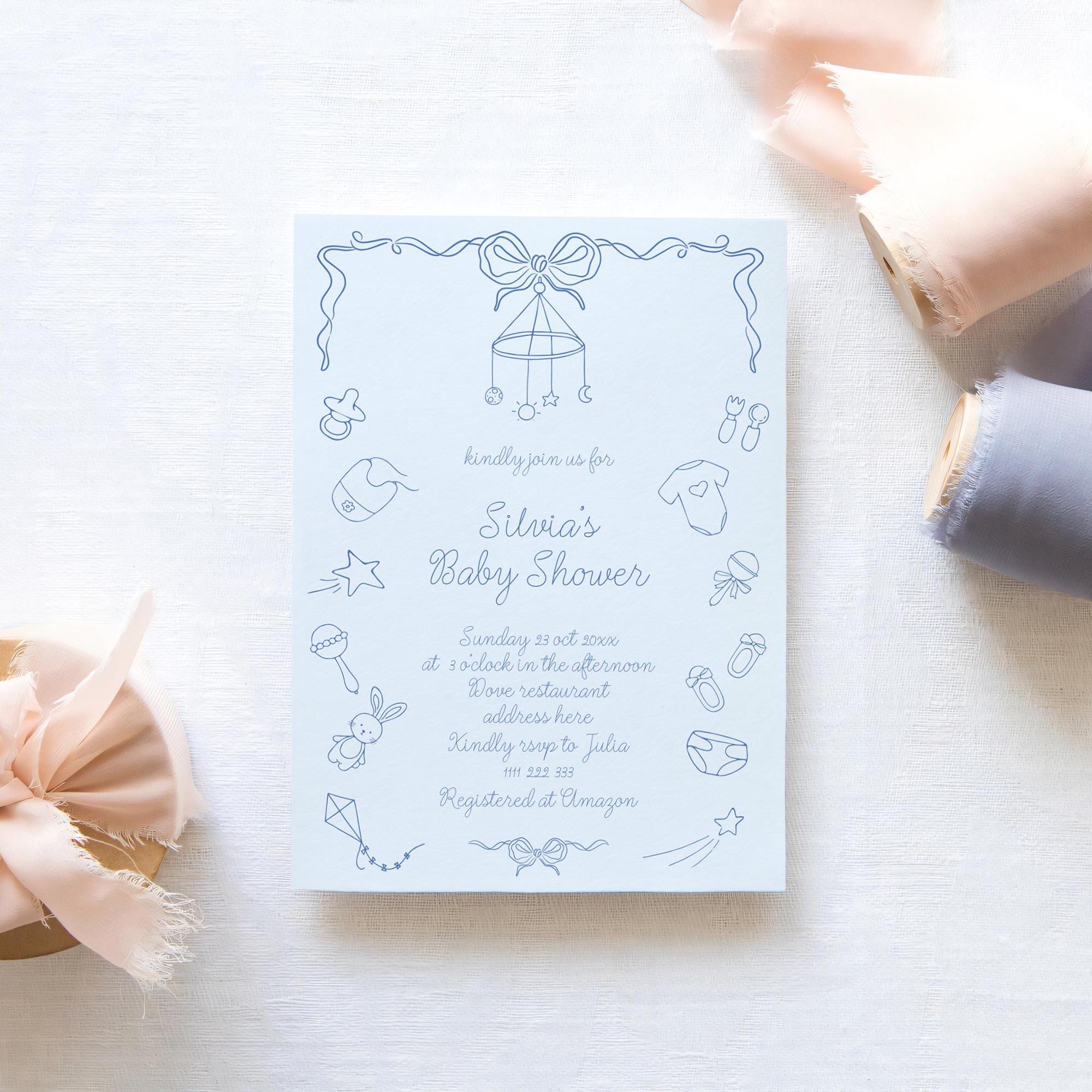 Hand Drawn Baby Shower Invitation, Handwritten Invite, Blue Bow Party # ...